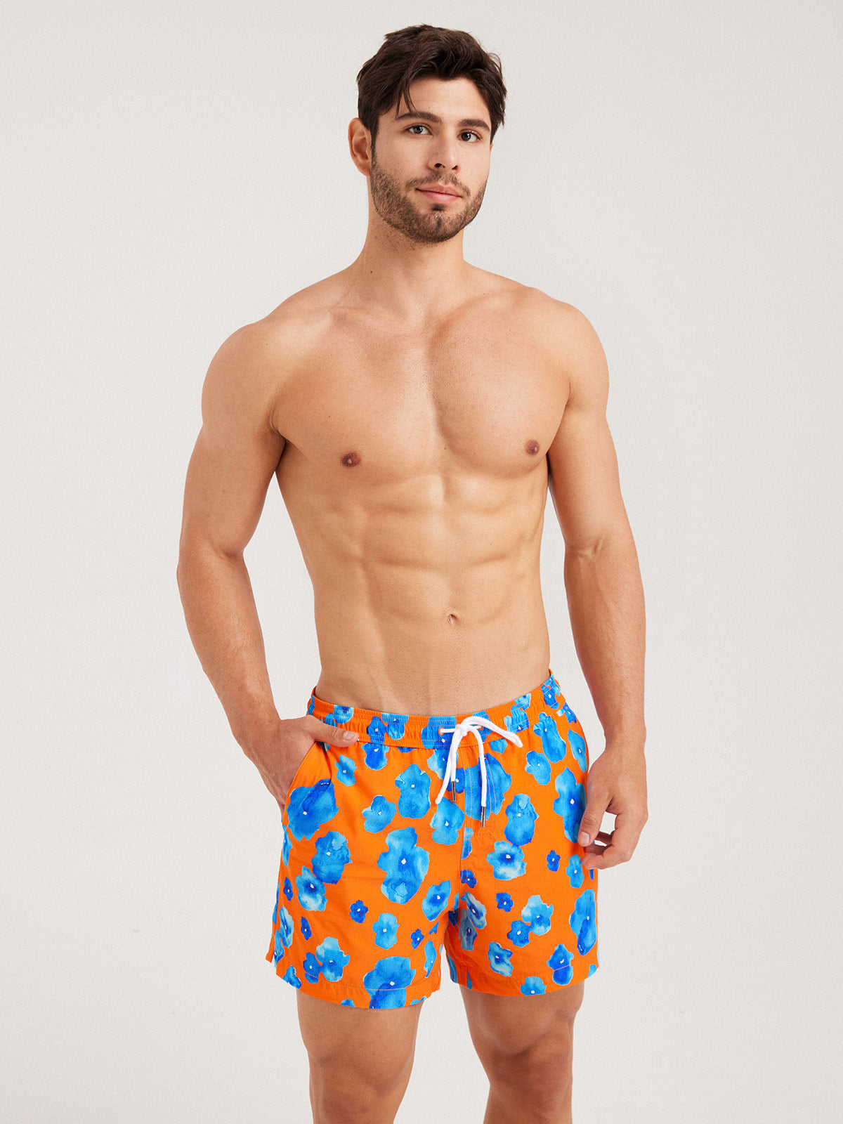 The Blue Floral Print Orange Men's 5" Swim Trunks & Reviews - Orange ...